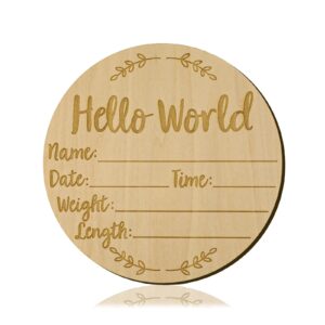 baby announcement sign, 5.9 inch hello world newborn sign round wooden milestone baby nursery name birth signs for hospital and pregnancy announcements