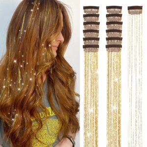 gold hair tinsel packs of 12pcs clip in hair tinsel kit 20.5 inch fairy hair tinsel heat resistant for women girls glitter hair extensions for christmas new year halloween cosplay party (golden)