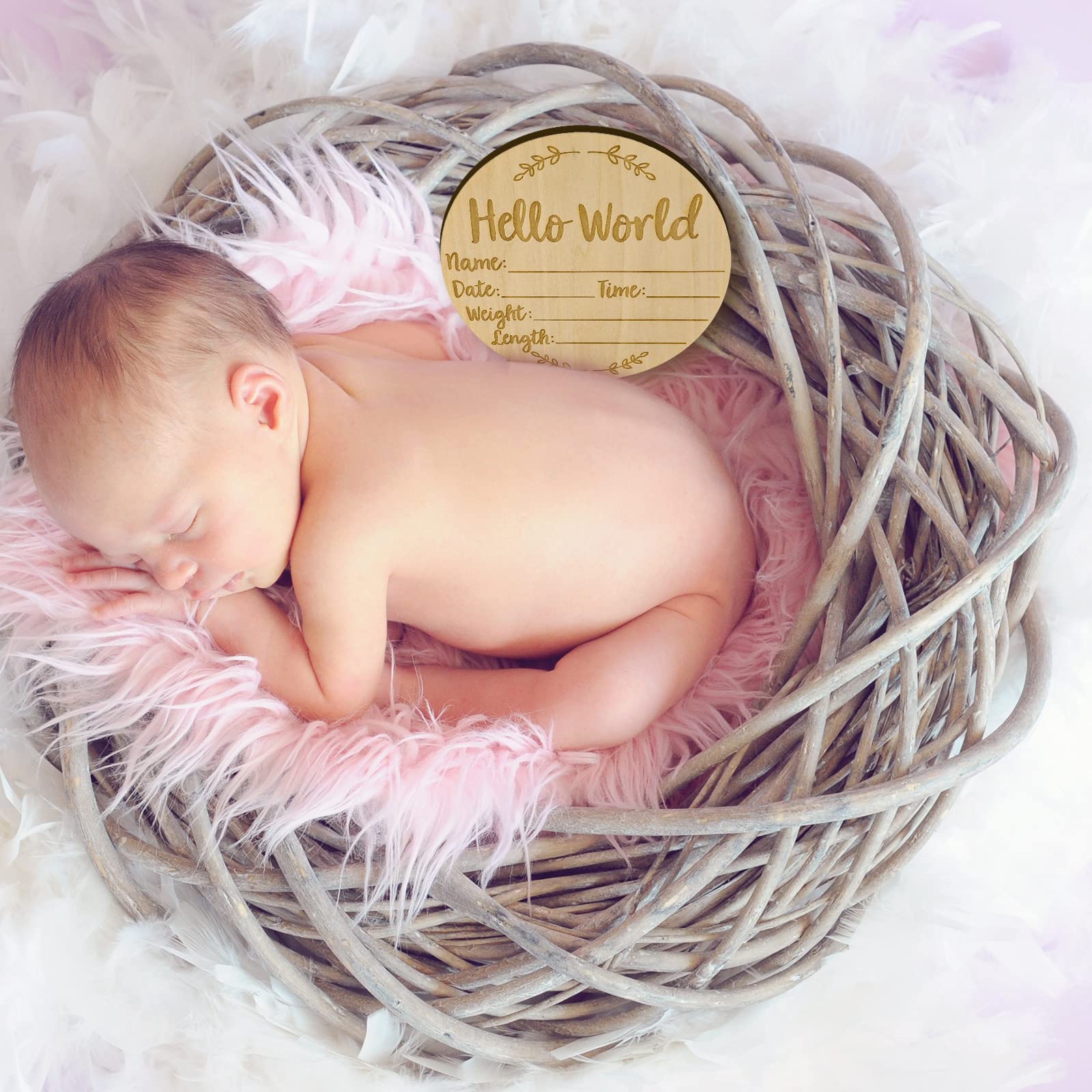 Baby Announcement Sign, 5.9 inch Hello World Newborn Sign Round Wooden Milestone Baby Nursery Name Birth Signs for Hospital and Pregnancy Announcements