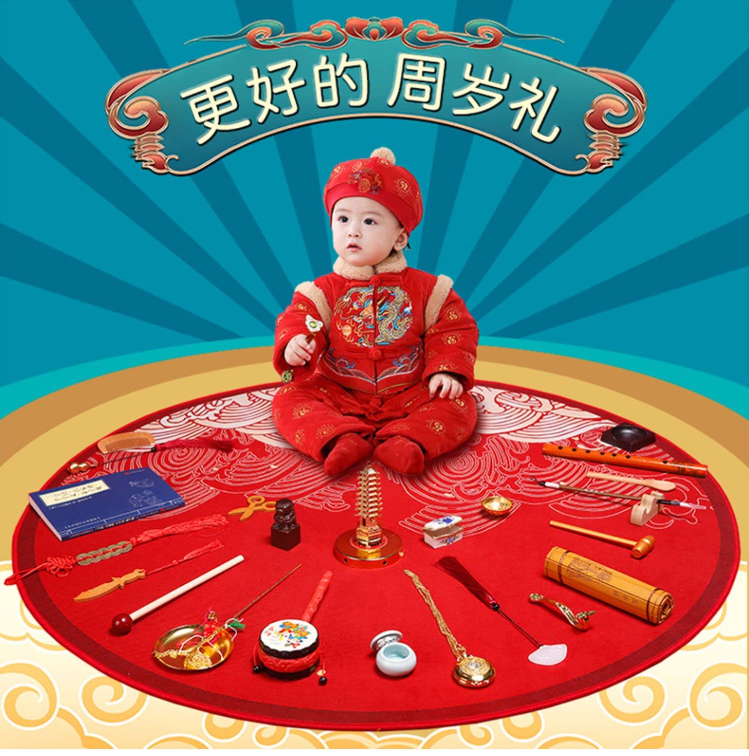 Background Carpet for Zhua zhou Set 100*100CM Unique Gifts for Celebrate Kid Fist Birthday Party（Red）