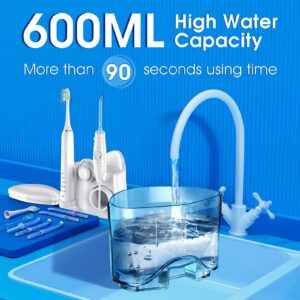 Electric Toothbrush and Water Flosser,600ML Oral Irrigator Water Flosser with 7 Jet Tips,10 Adjustable Water Pressure,Sonic Electric Toothbrush with 2 Brush Heads,5 Modes(White)