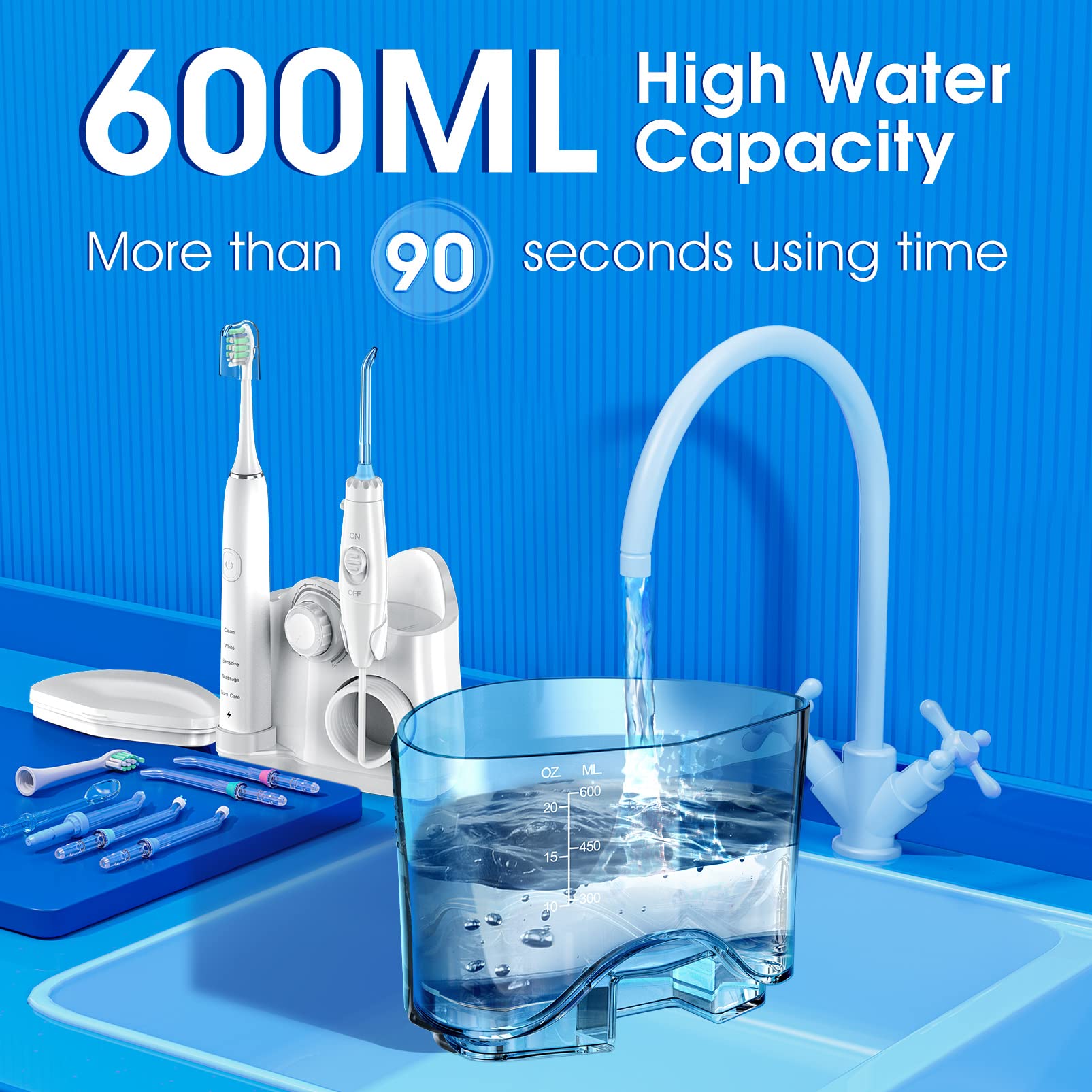 Electric Toothbrush and Water Flosser,600ML Oral Irrigator Water Flosser with 7 Jet Tips,10 Adjustable Water Pressure,Sonic Electric Toothbrush with 2 Brush Heads,5 Modes(White)