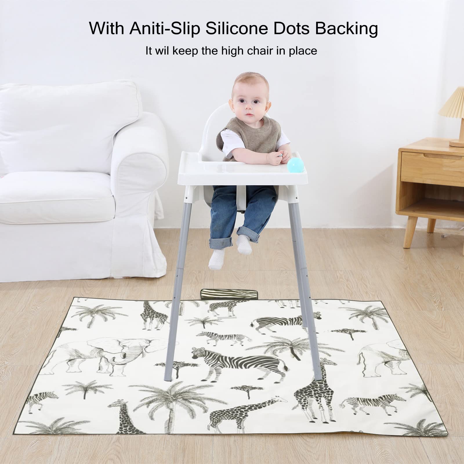 Insular Baby Splat Mat for Under High Chair/Arts/Crafts, Anti Slip and Waterproof Splash Mat for Floor, Portable Picnic Mat, 51x51 Inch, Safari