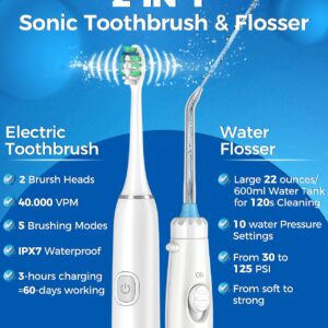 Electric Toothbrush and Water Flosser,600ML Oral Irrigator Water Flosser with 7 Jet Tips,10 Adjustable Water Pressure,Sonic Electric Toothbrush with 2 Brush Heads,5 Modes(White)