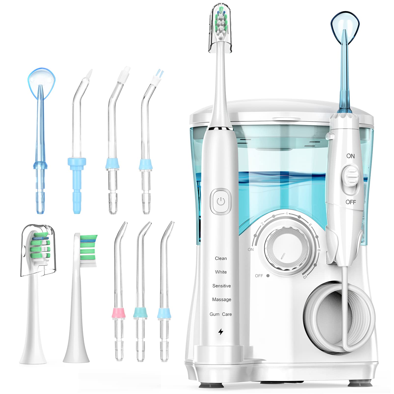 Electric Toothbrush and Water Flosser,600ML Oral Irrigator Water Flosser with 7 Jet Tips,10 Adjustable Water Pressure,Sonic Electric Toothbrush with 2 Brush Heads,5 Modes(White)