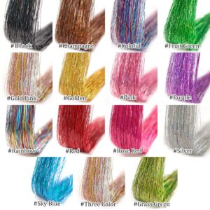 Gold Hair Tinsel Packs of 12Pcs Clip in Hair Tinsel Kit 20.5 inch Fairy Hair Tinsel Heat Resistant for Women Girls Glitter Hair Extensions for Christmas New Year Halloween Cosplay Party (Golden)