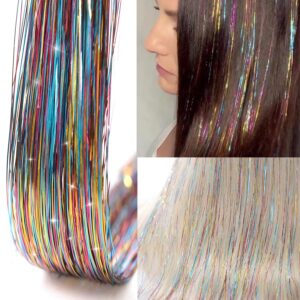 Hair Tinsel 12Pcs Clip in Rainbow Hair Accessories 20.5 Inch Fairy Hair Tinsel Kit for Women Girls Kids Glitter Hair Extensions for Christmas Halloween New Year Party (Rainbow)