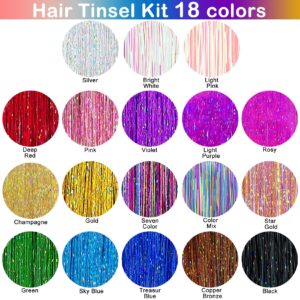 Hair Tinsel Kit (48 Inch,18 Colors, 4320 strands), Tinsel Hair Extensions with Tools, Heat Resistant Fairy Hair Tinsel Kit for Women Hair Accessories