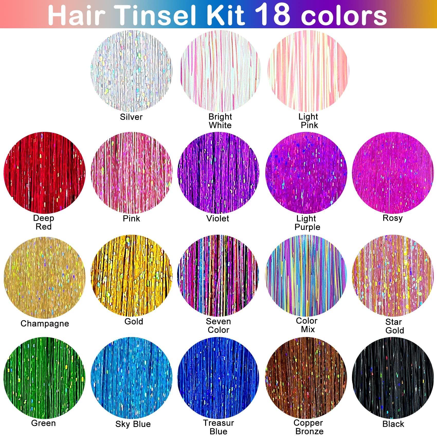 Hair Tinsel Kit (48 Inch,18 Colors, 4320 strands), Tinsel Hair Extensions with Tools, Heat Resistant Fairy Hair Tinsel Kit for Women Hair Accessories