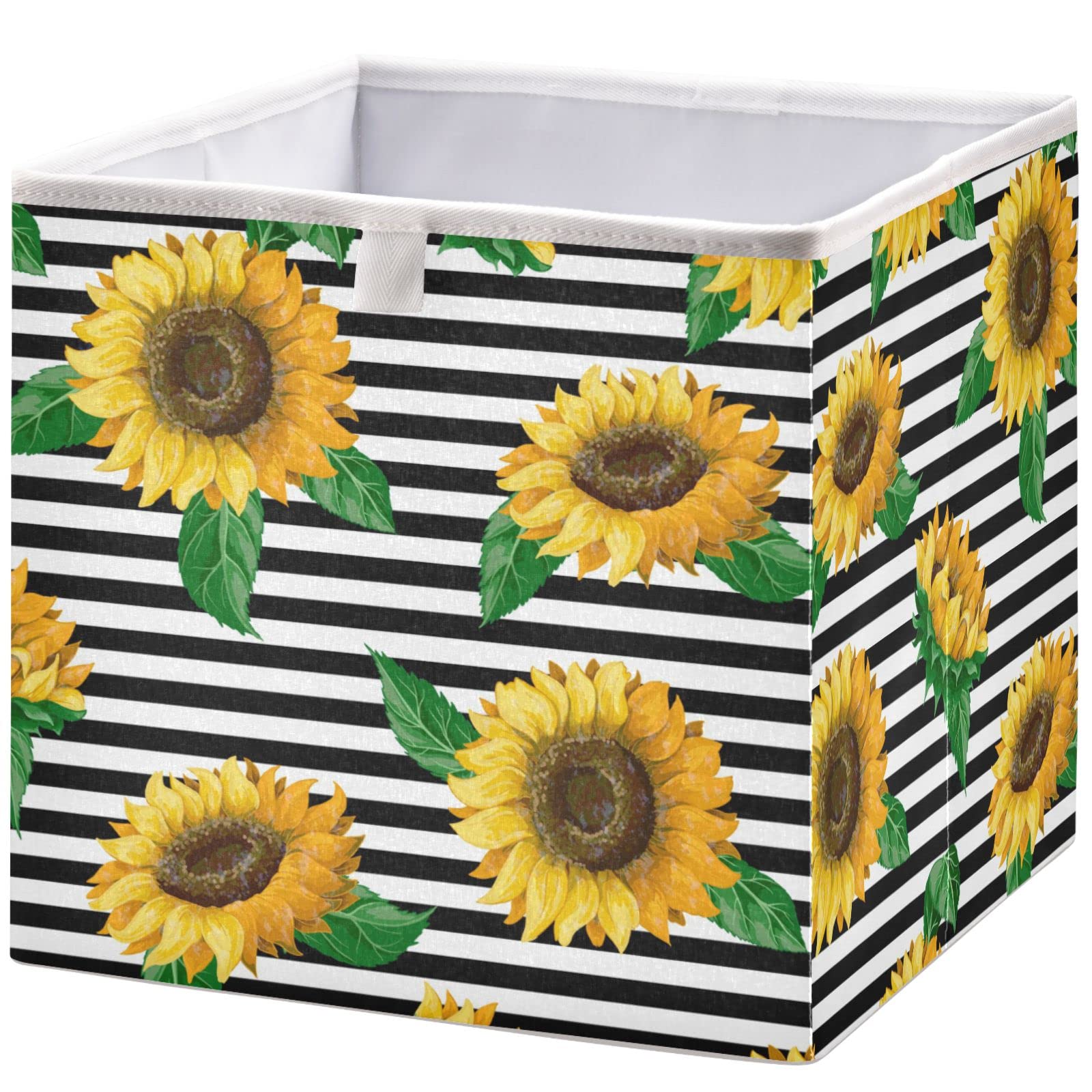 visesunny Closet Baskets Sunflower Black White Stripe Storage Bins Fabric Baskets for Organizing Shelves Foldable Storage Cube Bins for Clothes, Toys, Baby Toiletry, Office Supply