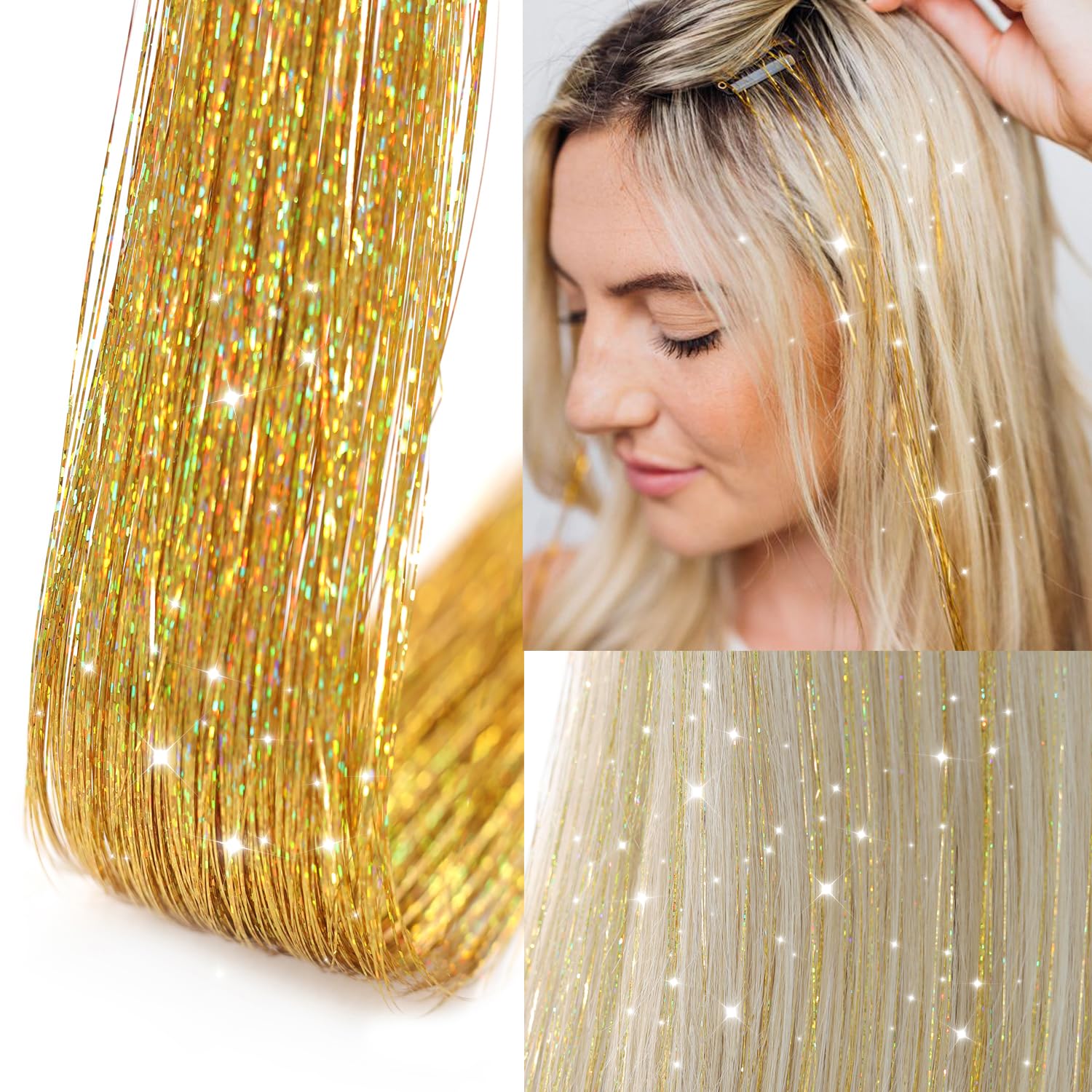 Gold Hair Tinsel Packs of 12Pcs Clip in Hair Tinsel Kit 20.5 inch Fairy Hair Tinsel Heat Resistant for Women Girls Glitter Hair Extensions for Christmas New Year Halloween Cosplay Party (Golden)