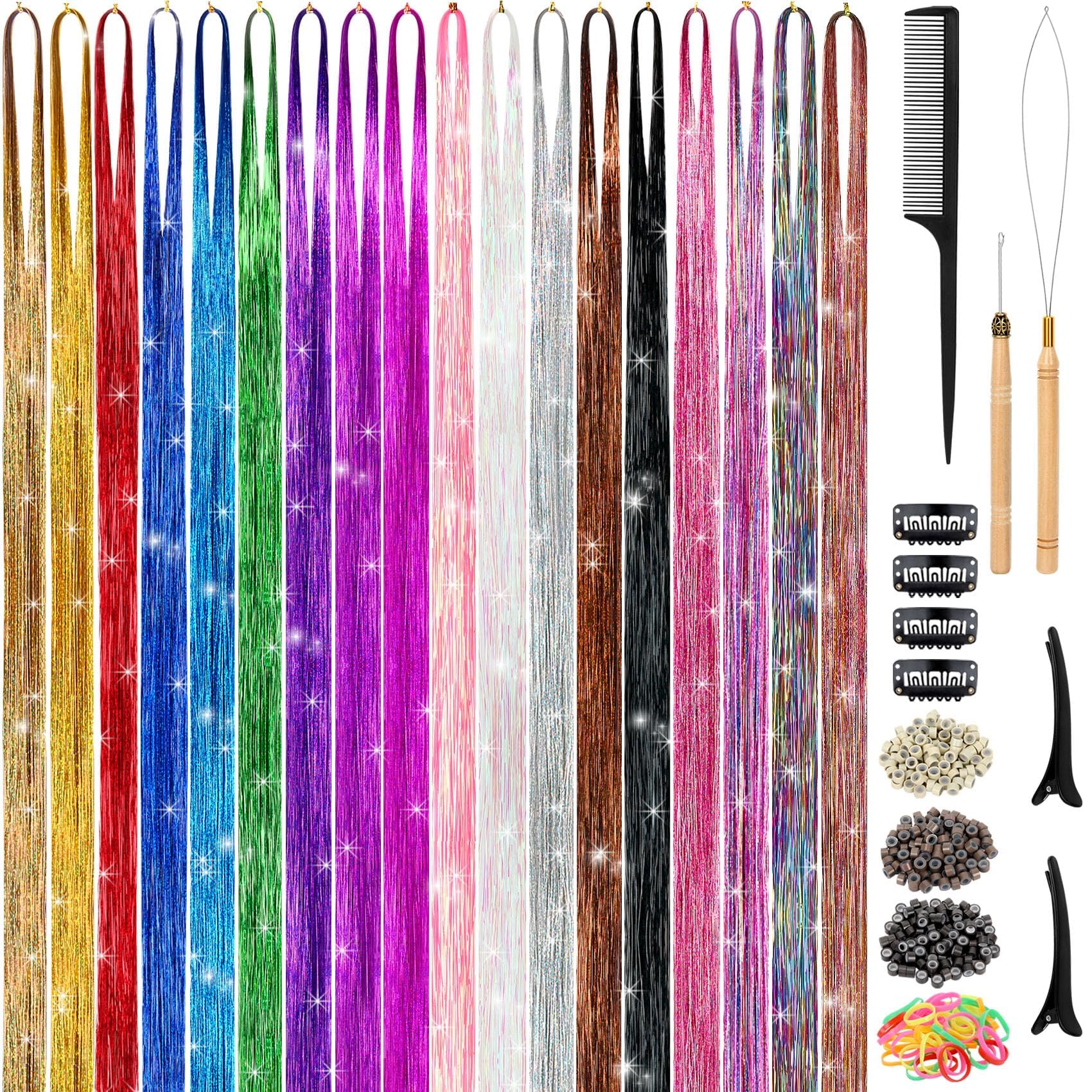 Hair Tinsel Kit (48 Inch,18 Colors, 4320 strands), Tinsel Hair Extensions with Tools, Heat Resistant Fairy Hair Tinsel Kit for Women Hair Accessories