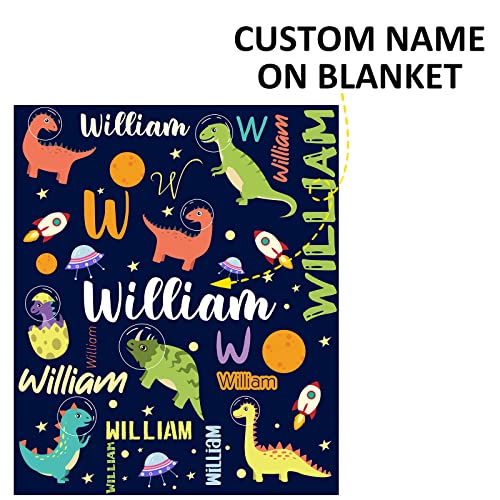 Personalized Dinosaur Throw Blanket for Boys Custom Name Soft Flannel Blanket for Kids Dino Outspace Plush Navy Blue Blanket Gift Birthday Christmas Baby Toddlers Nursery Room Decor, 40 x 50inch