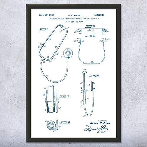 Framed Binaural Stethoscope Print, Nurse Gift, Stethoscope Decor, Medical Student Gift, Medical Art Print, Surgeon Gift Blue & White (18x24)