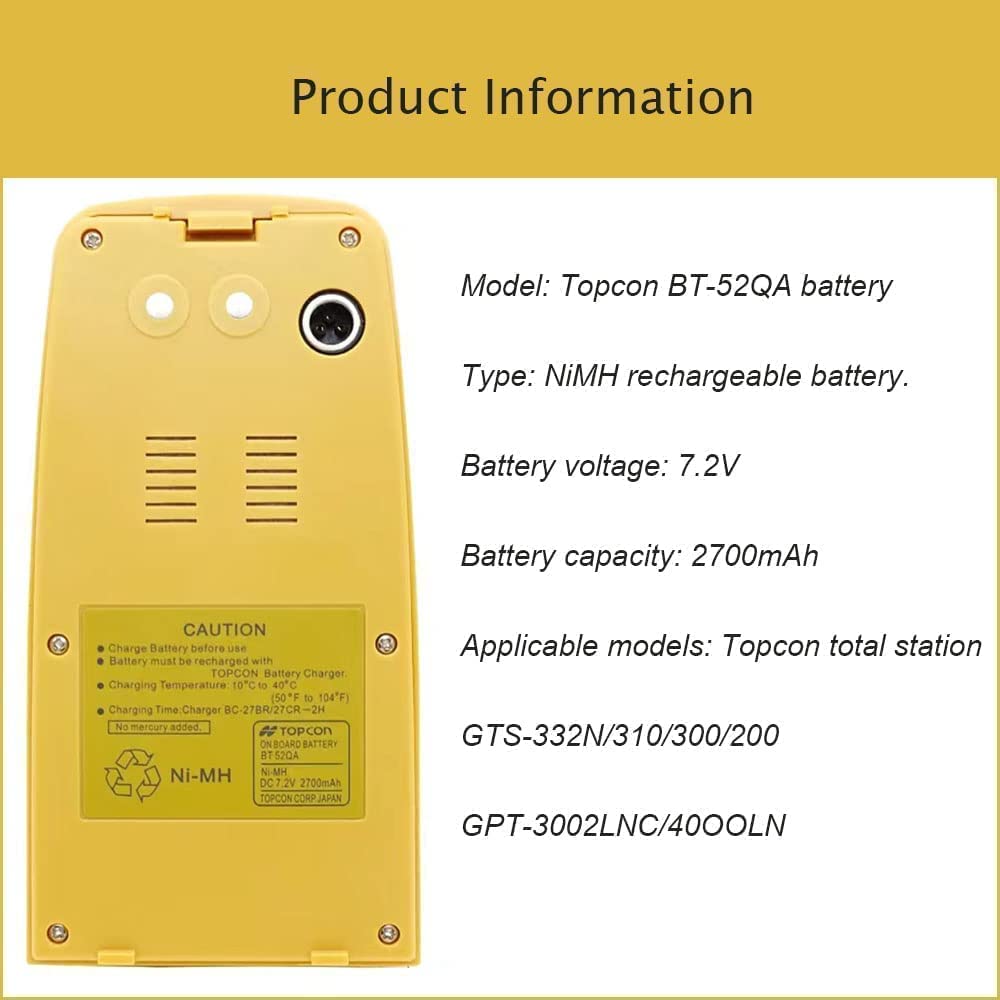 YYSHINE (1 Pack) BT-52QA 7.2V 2700mAh NiMH Battery for BT-52QA Total Stations 3 PIN GTS/GPT Series Surveying, CTS-3000, GPT-1000, GPT-1003 Part NO 51730, BT-52Q, BT-52QA Battery