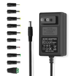 dc 12 volt 3 amp power supply 36w ac adapter 100-240v 50-60hz ac to dc 12v power cord with 5.5mmx2.5mm dc barrel & 10 tips for led strip light cctv camera routers [dc 12v 3a]