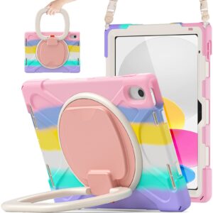 scsvpn case for ipad 10th generation 2022 10.9 inch with rotating stand-handle grip-shoulder strap-pencil holder, shockproof kids girls women cover for ipad 10 case a2696 a2757 a2777 (rainbow pink)