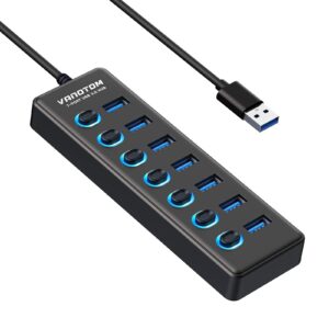 vanotom usb 3.0 hub, 7-port usb hub splitter with led individual on/off switches and 3ft extended long cable for laptop, macbook, surface pro, ps4/5, flash drive, hdd