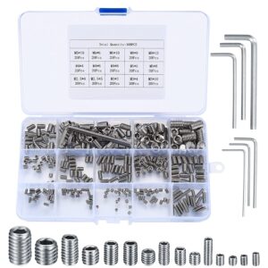 300 pcs hex allen head socket hex screw set assortment kit, m2.5/m3/m4/m5/m6/m8 grub screws, internal hex drive cup screws for door handles, faucet, light fixture screws (silver)