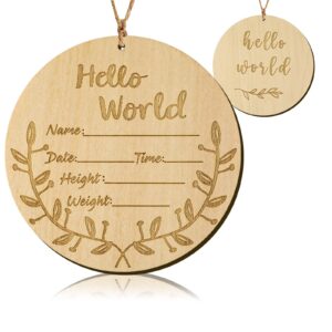 luter 1 pcs newborn announcement sign, 5.91 inch in diameter hello world sign with a hemp rope interesting patterns round wooden baby announcement sign for newborn photo props