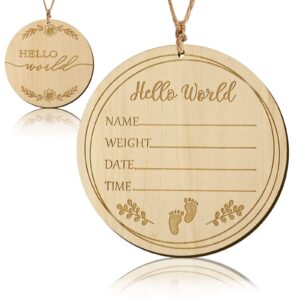 luter baby announcement sign, 3.9 inch hello world welcome name sign with a hemp rope round wooden milestone baby announcement plaque for newborn photo props