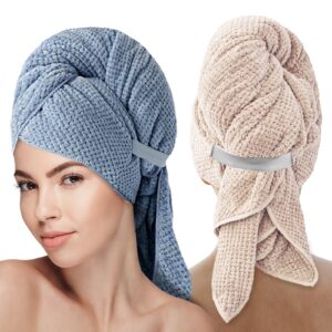 ultra plush microfiber hair towel wrap for women, 2 pack 10 inch x 26inch purple, ultra absorbent twist hair turban drying cap hair wrap, for drying curly, long & thick hair (large size beige blue)