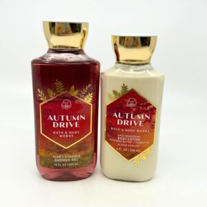 bath & body works - autumn drive - 2 pc bundle - aloe + vitamin e shower gel 10 fl oz, and daily nourishing body lotion 8 fl oz - 2022 fall scents