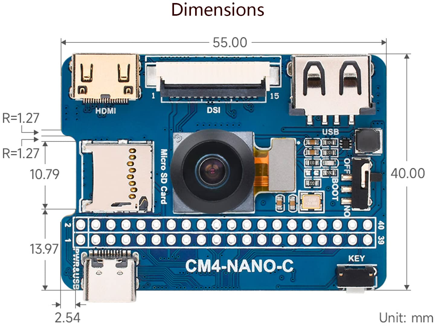 Nano Base Board (C) for Compute Module 4, Same Size as CM4, with Multiple Peripheral Interfaces Onboard 8MP Camera Module with 160°FOV