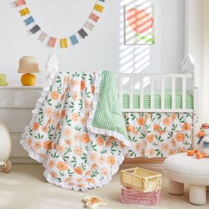 3 pieces crib bedding set baby ruffle quilted comforter with fitted sheet and bed skirt - cute ruffled shabby chic baby bedding soft blanket designorange flowers