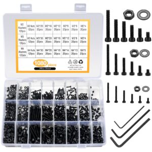 1080 pcs m2 m3 m4 hex button socket head cap screws bolts nuts flat washers assortment kit, alloy steel black machine screws and nuts and bolts and washers set (1080black)