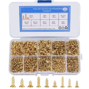 1080 pcs small screws m2/m2.5/m3, phillips flat head cross screws, tiny gold self tapping screws, micro multifunctional cabinet electronic accessories screws for woodworking (carbon steel gold)