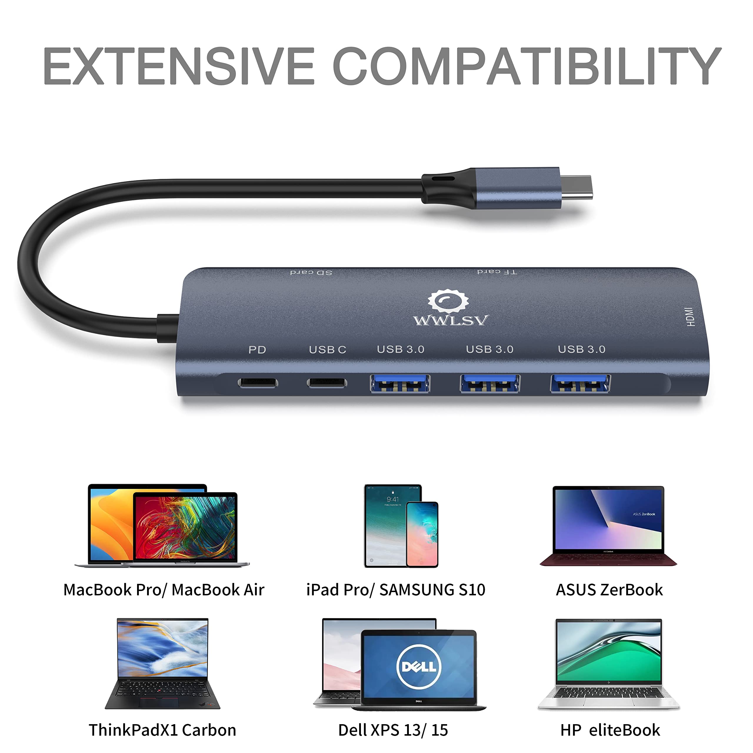 WWLSV USB C Hub Docking Station USB C to HDMI 8 in 1 Adapter (4K HDMI USB3.0 SD/TF Card Reader 100W PD) Compatible with MacBook Pro/MacBook Air, XPS, Chromebook and More Type C Device