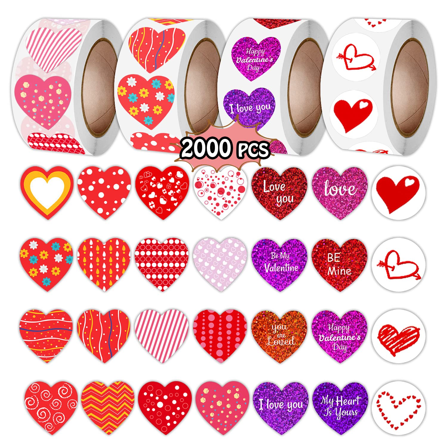 Partywind 2000 PCS Valentine's Day Stickers, Happy Valentines Conversation Heart Stickers for Envelope/Crafts for Kids Classroom, Love Stickers for Party Decorations (4 Rolls)