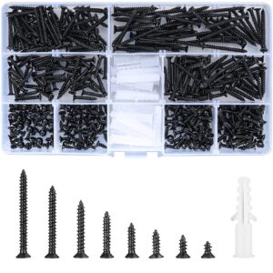 420 pcs m3 flat head wood screws assortment kit, phillips drive countersunk head self-tapping fasteners screws, carbon steel wood screws, contains 20 pcs m6 screw anchors (black)