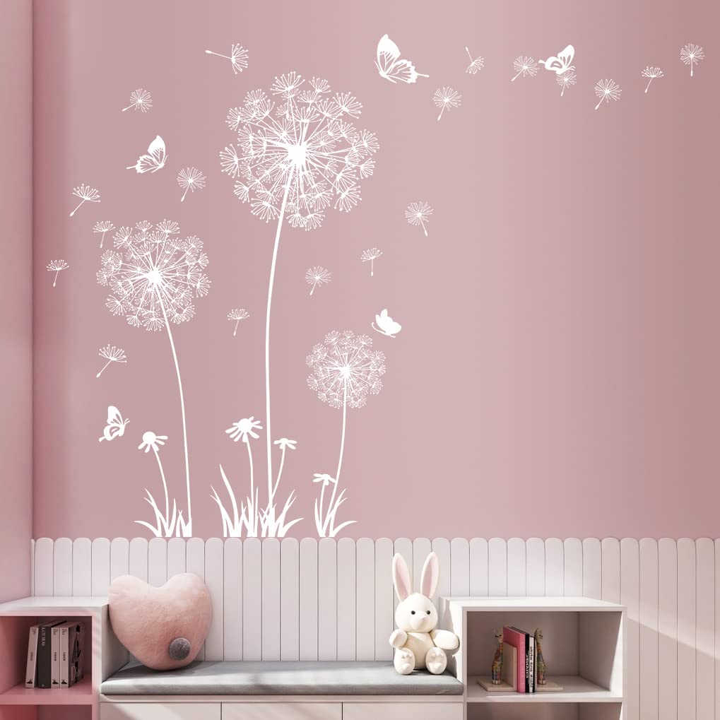 Buiory Dandelion Wall Decals Removable Flower Wall Stickers Peel and Stick Floral Butterfly Murals Dandelion Party Decoration for Bedroom Living Room Sofa Backdrop TV Dandelion Wall Decor (White)