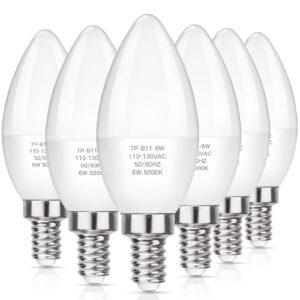 maxvolador e12 led candelabra light bulbs 60w equivalent, daylight white 5000k 600 lumen chandelier bulb, 6w b11 candle base, non-dimmable, pack of 6