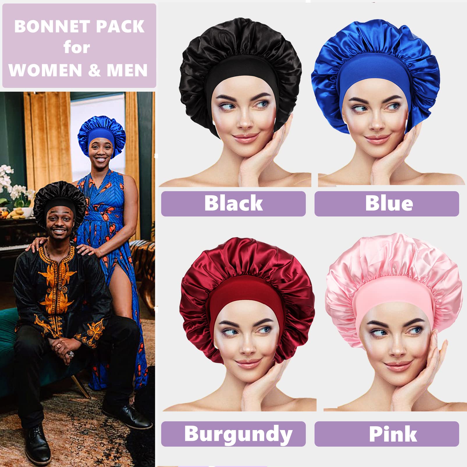 4 PCS Hair Bonnet for Sleeping,Satin Bonnets for Black Women,Hair Cap for Sleeping,Bonnets for Curly Hair,Locs