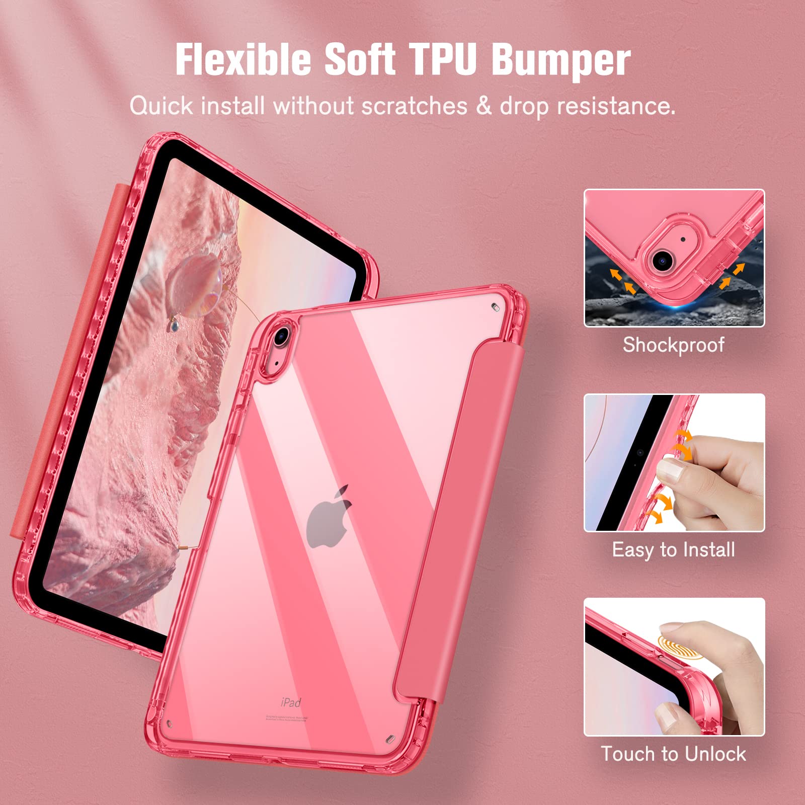 Fintie Hybrid Slim Case for iPad 10th Generation 10.9 Inch Tablet (2022 Model) - [Built-in Pencil Holder] Shockproof Cover with Clear Transparent Back Shell, Auto Wake/Sleep, Watermelon