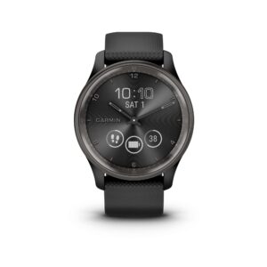 garmin vívomove trend, stylish hybrid smartwatch, long-lasting battery life, dynamic watch hands and touchscreen display, black