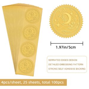 CRASPIRE 2 Inch Gold Embossed Envelope Seals Stickers Moon 100pcs Round Adhesive Embossed Foil Seals Stickers Envelope Label for Wedding Invitations Party Gift Packaging Greeting Card