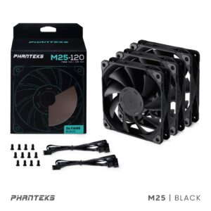 Phanteks M25-120 Fan, High-Airflow Radiator Performance, PWM Control up to 2000RPM, Daisy-Chain Cable, Black (3-Pack)