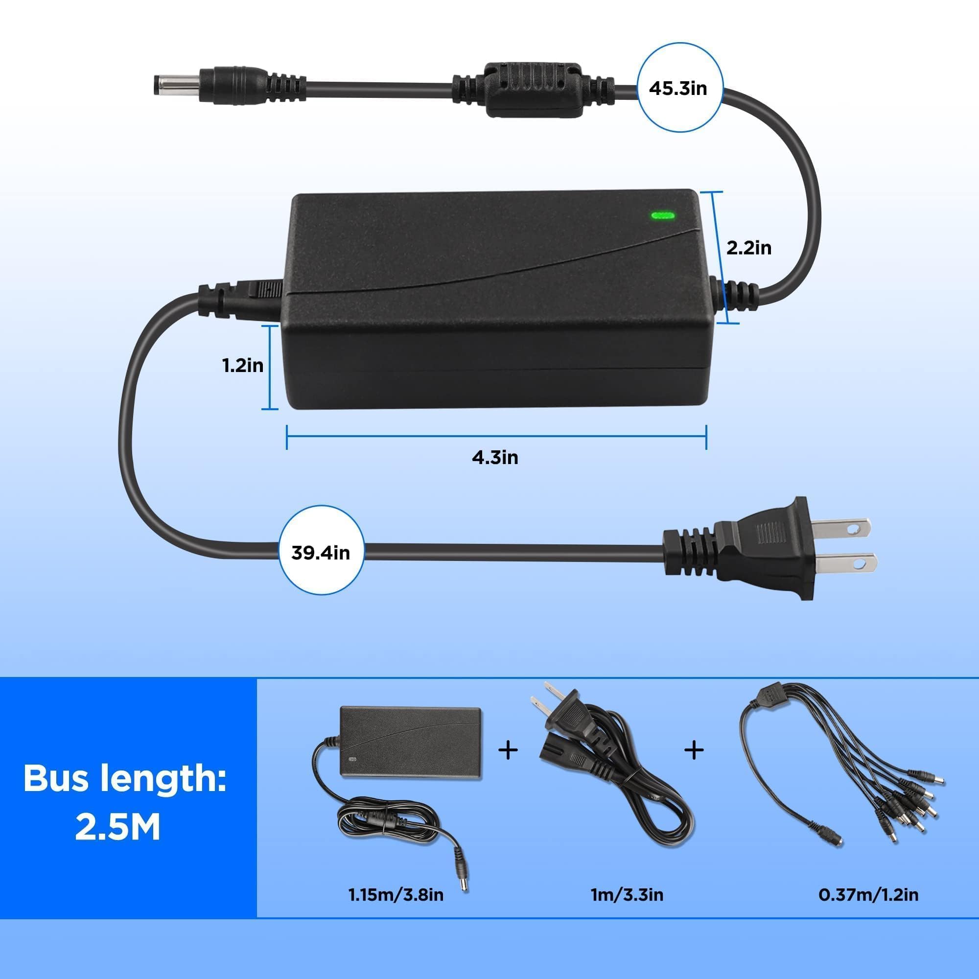 BXIZXD Security Camera Power Adapter 12V 5A 100V-240V AC to 12V DC LED Power Transformers 8-Way Power Splitter Cable for CCTV/Camer/DVR H-M-025