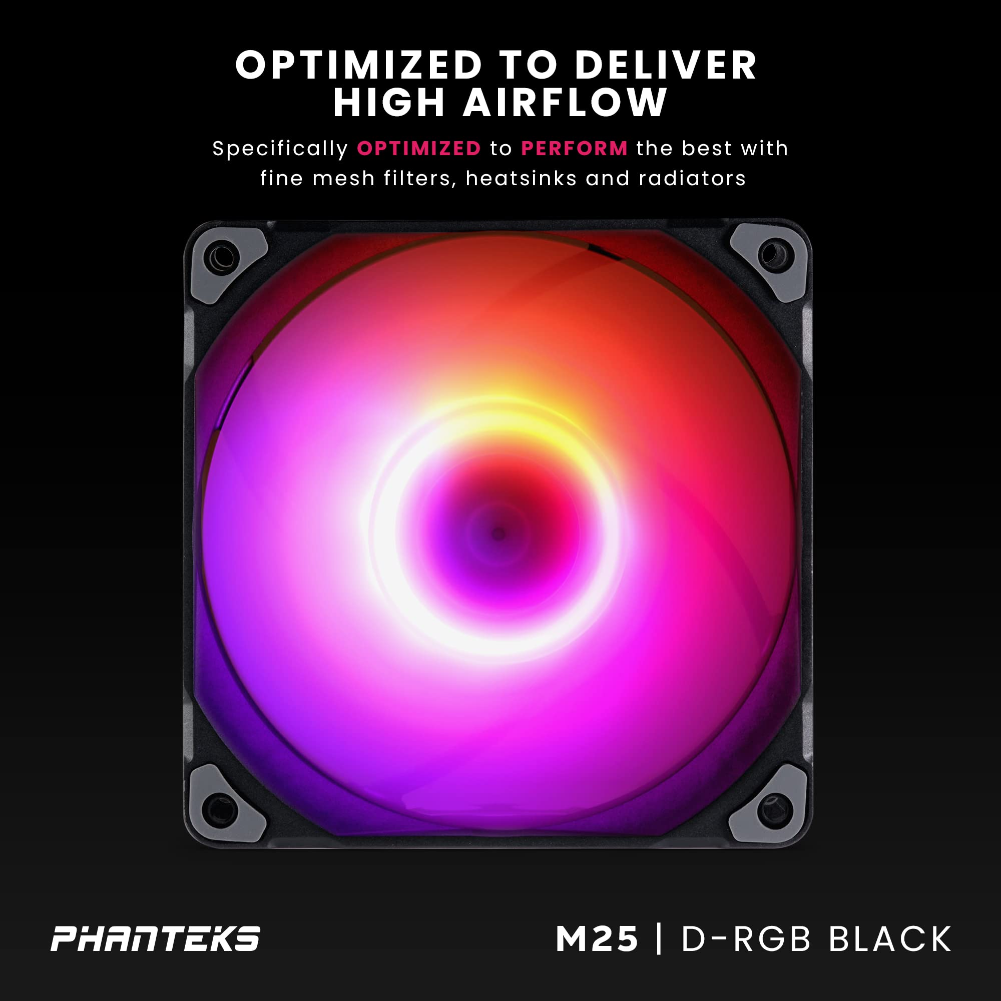 Phanteks M25-120 D-RGB Fan, High-Airflow Radiator Performance, PWM Control up to 2000RPM, ARGB/DRGB Lighting, Daisy-Chain Cable, Black, 3 Pack