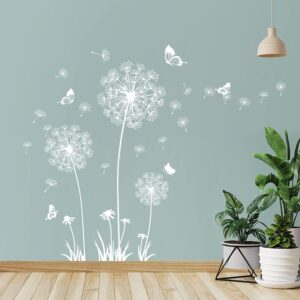 Buiory Dandelion Wall Decals Removable Flower Wall Stickers Peel and Stick Floral Butterfly Murals Dandelion Party Decoration for Bedroom Living Room Sofa Backdrop TV Dandelion Wall Decor (White)