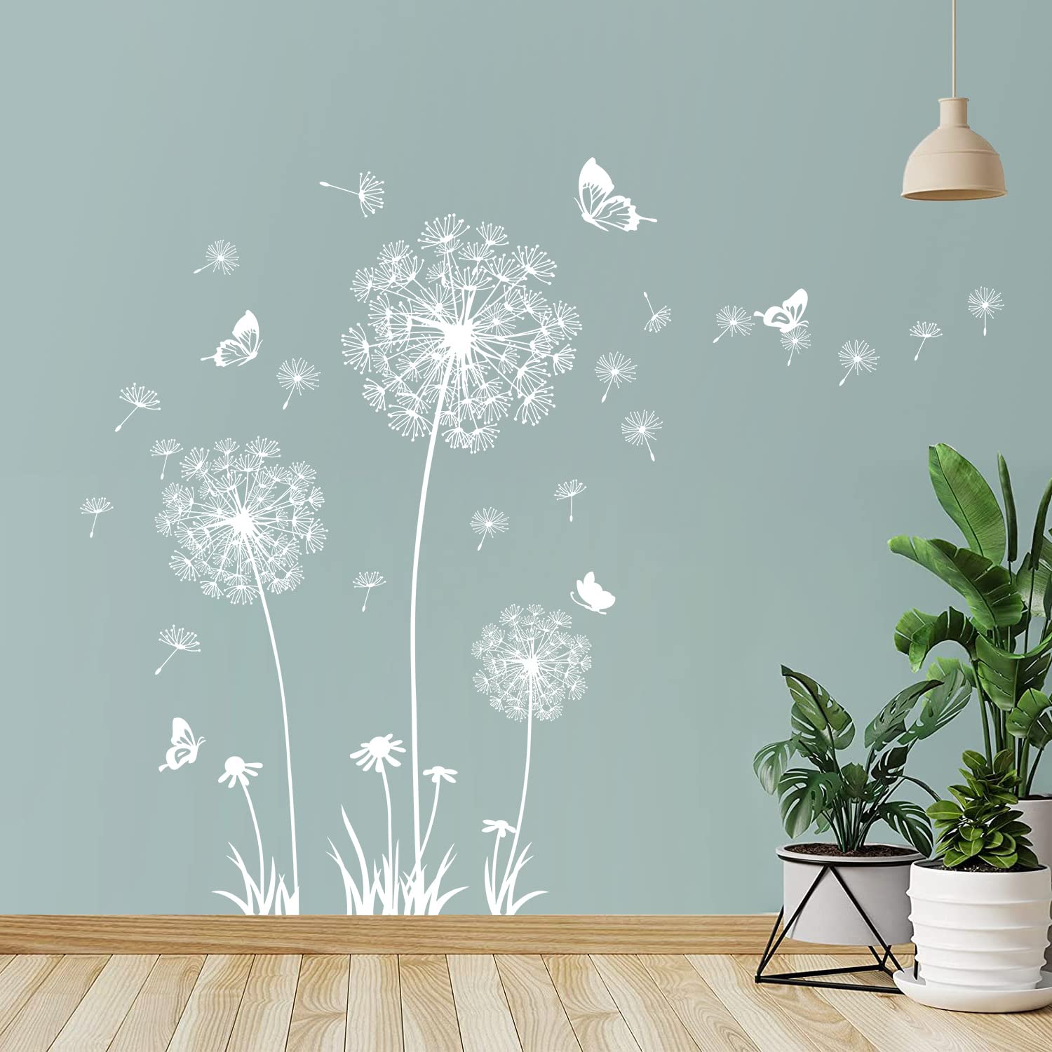 Buiory Dandelion Wall Decals Removable Flower Wall Stickers Peel and Stick Floral Butterfly Murals Dandelion Party Decoration for Bedroom Living Room Sofa Backdrop TV Dandelion Wall Decor (White)