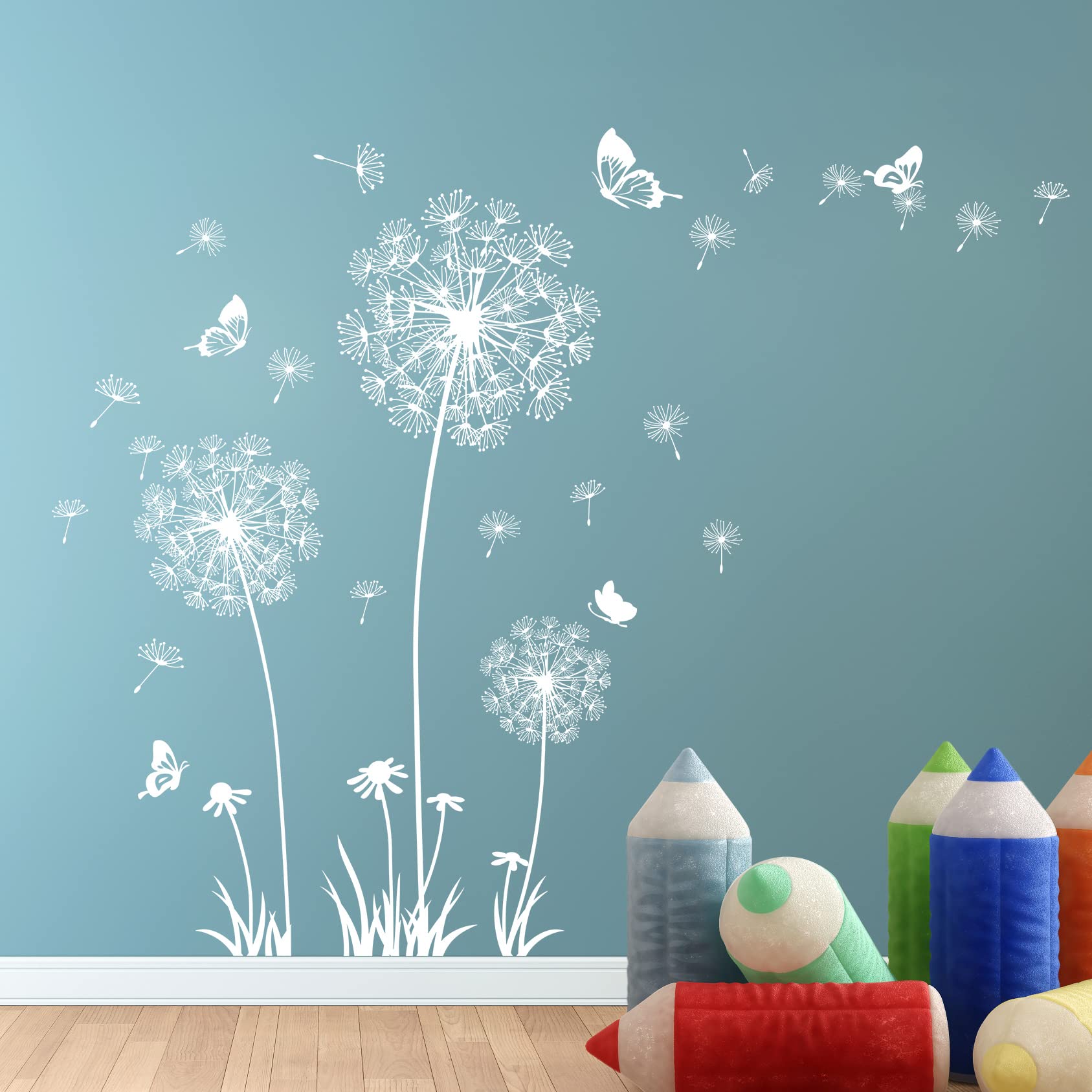 Buiory Dandelion Wall Decals Removable Flower Wall Stickers Peel and Stick Floral Butterfly Murals Dandelion Party Decoration for Bedroom Living Room Sofa Backdrop TV Dandelion Wall Decor (White)