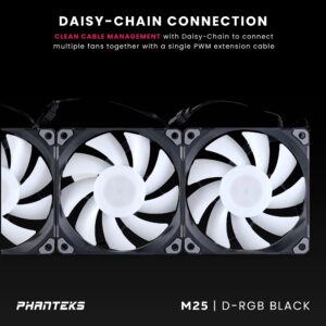 Phanteks M25-120 D-RGB Fan, High-Airflow Radiator Performance, PWM Control up to 2000RPM, ARGB/DRGB Lighting, Daisy-Chain Cable, Black, 3 Pack