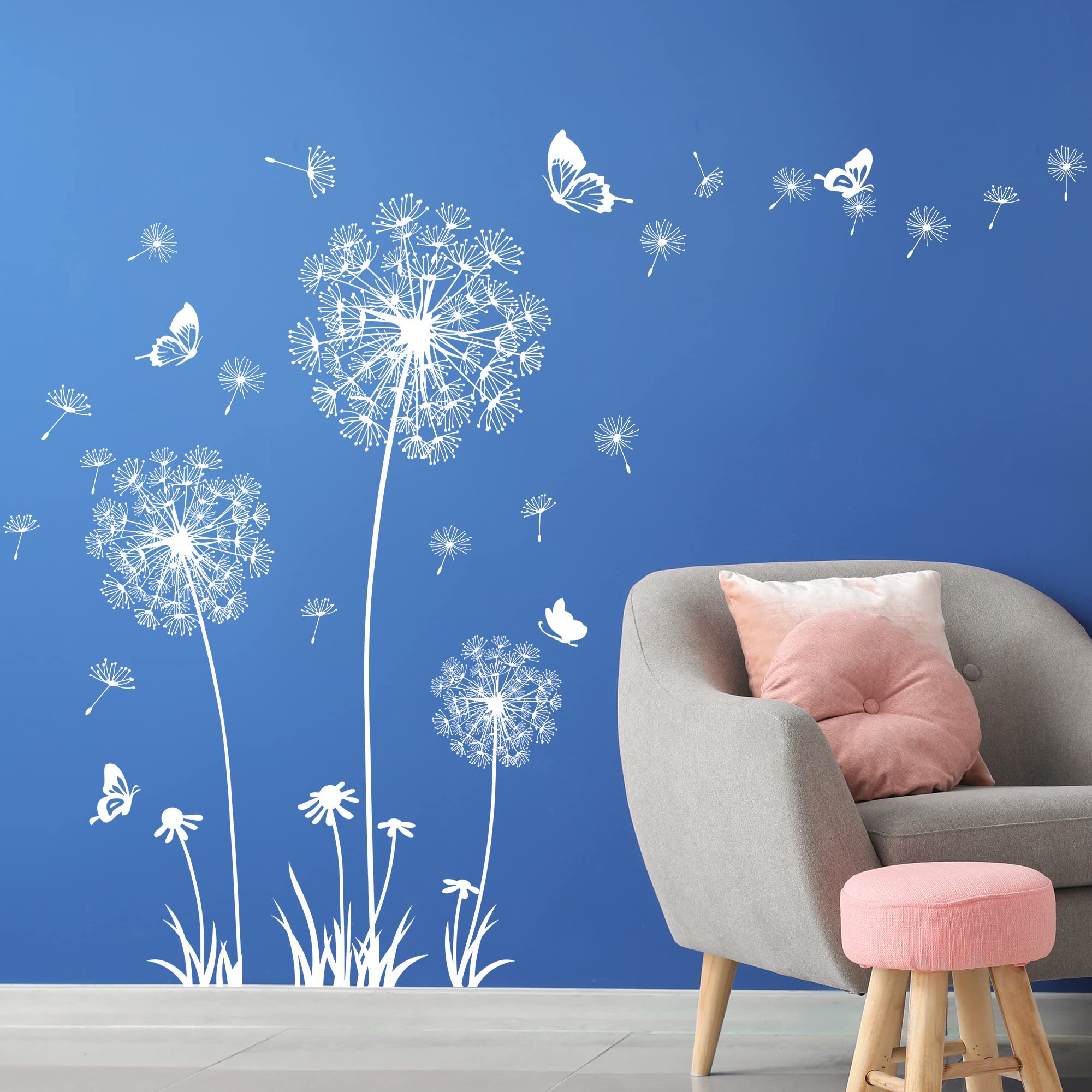 Buiory Dandelion Wall Decals Removable Flower Wall Stickers Peel and Stick Floral Butterfly Murals Dandelion Party Decoration for Bedroom Living Room Sofa Backdrop TV Dandelion Wall Decor (White)