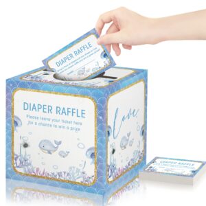 azbuk ocean world theme diaper raffle game with box for baby shower, funny diaper raffle tickets game, diaper party raffle insert cards, party decorations supplies, 50 diaper raffle cards