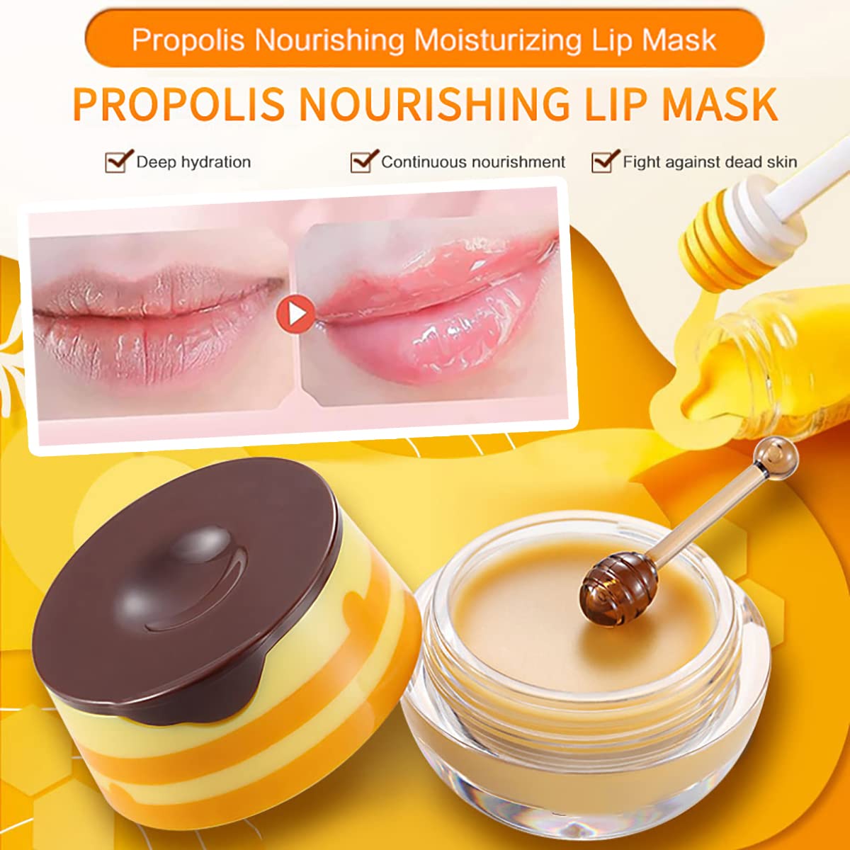 4PCS Strawberry & Honey Lip Balm, Vitamin E Moisturizing Propolis Sleeping Lip Mask, Effective Reduces Lip Lines Prevention Dry and Cracked Lip Scrubs Exfoliator Smoothing Dry Lip Care